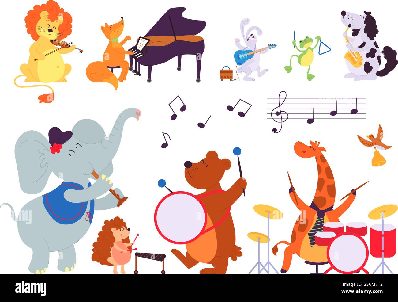 Music animals. Musician play instruments, forest dwellers with sax ...