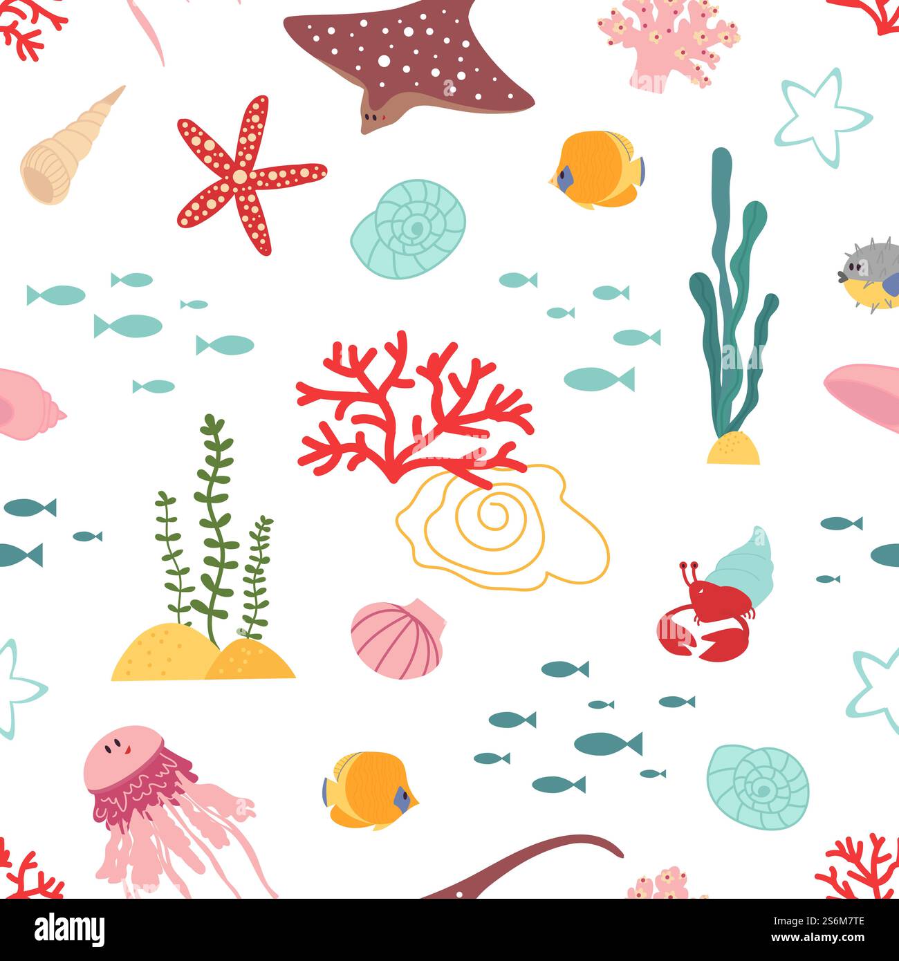 Baby sea pattern. Marine life, seaweed cute animals and plants. Kids ...