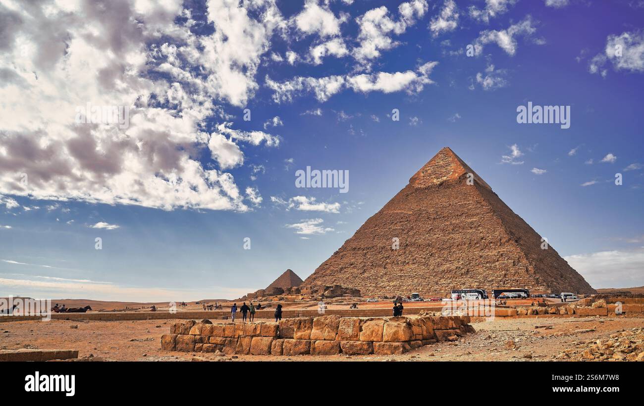 Wide angle view of the Great Pyramid of Khafre, wonder of the world ...