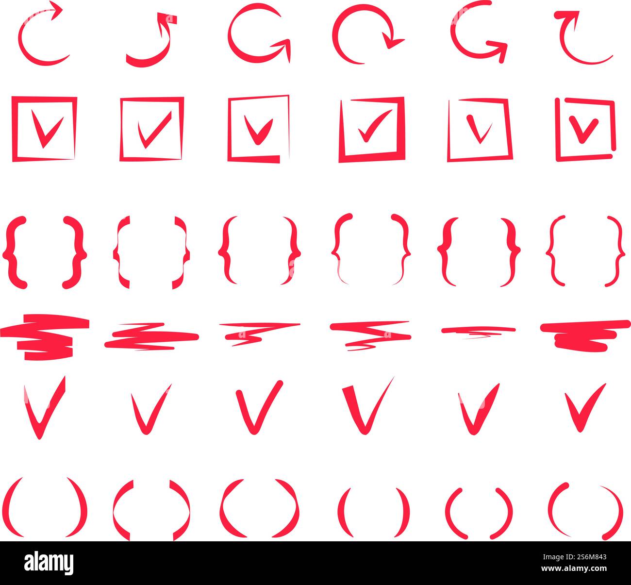 Doodle check marks. Hand drawn lines, red pen tick markings and ...