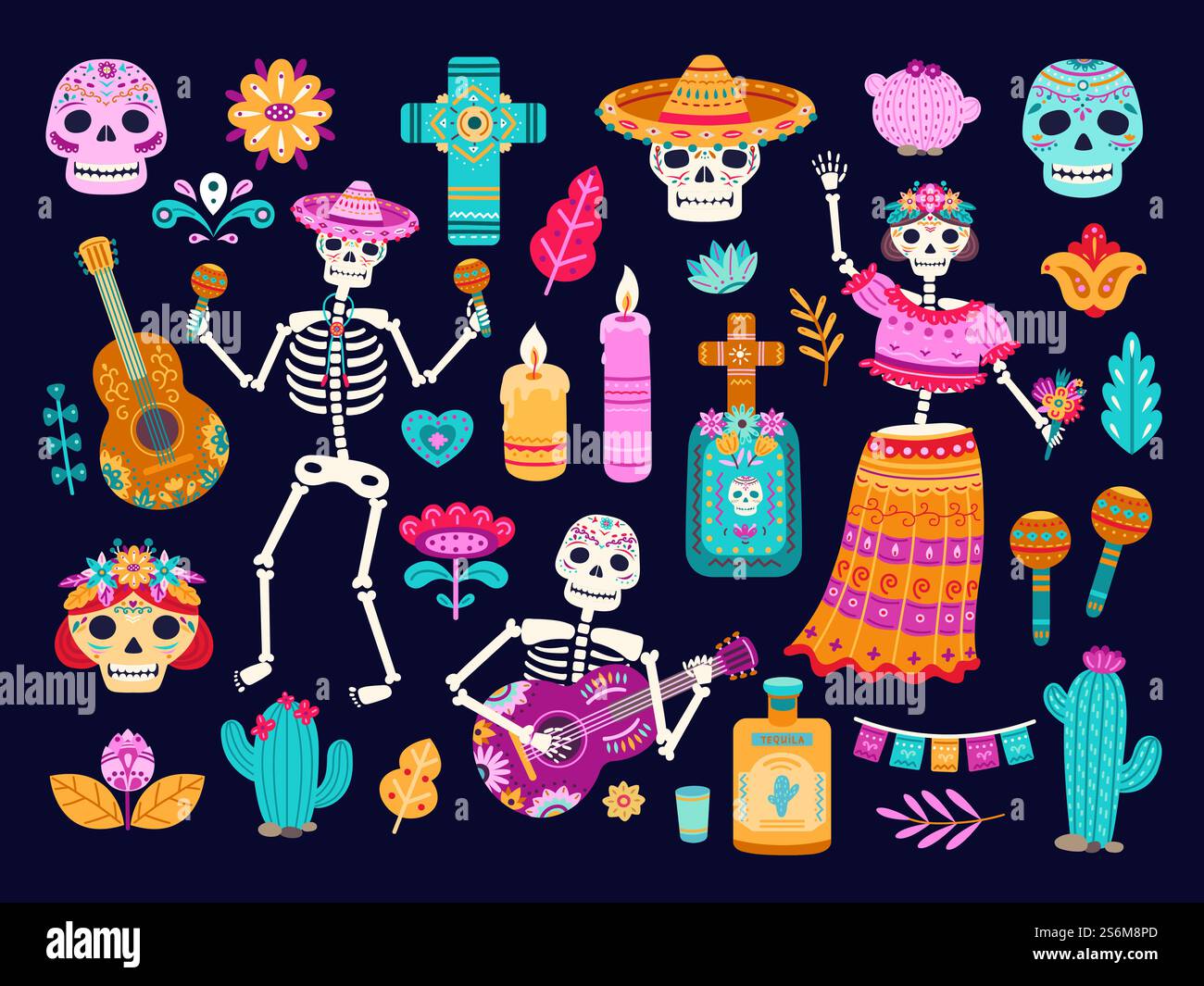 Day of dead. Mexican decorations, cute skull skeletons flowers. Cartoon ...