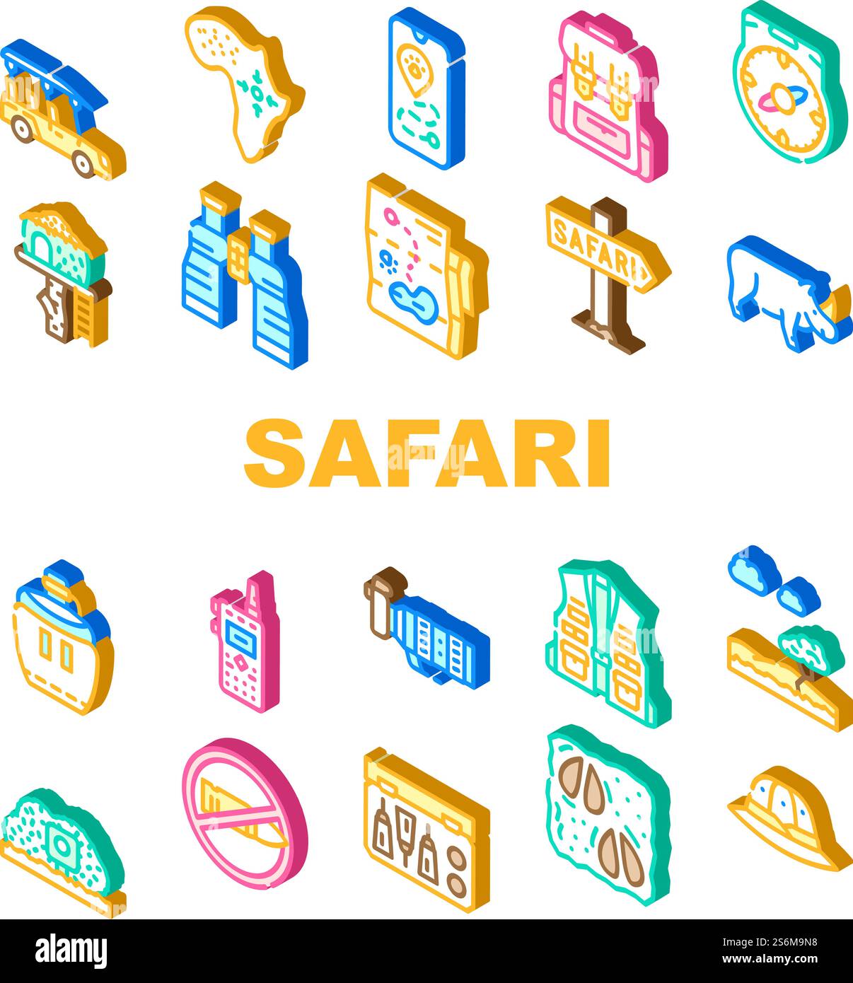 Safari African Hunting Vacation Icons Set Vector. Rhinoceros Animal ...