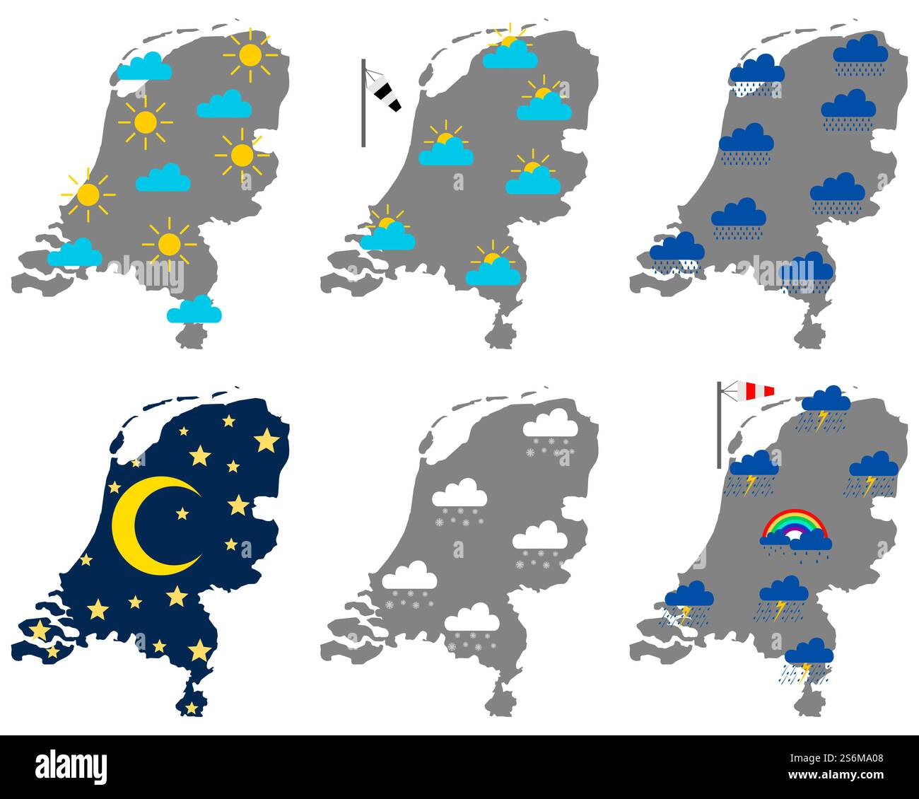 Maps of the Netherlands with various weather symbols Stock Photo - Alamy