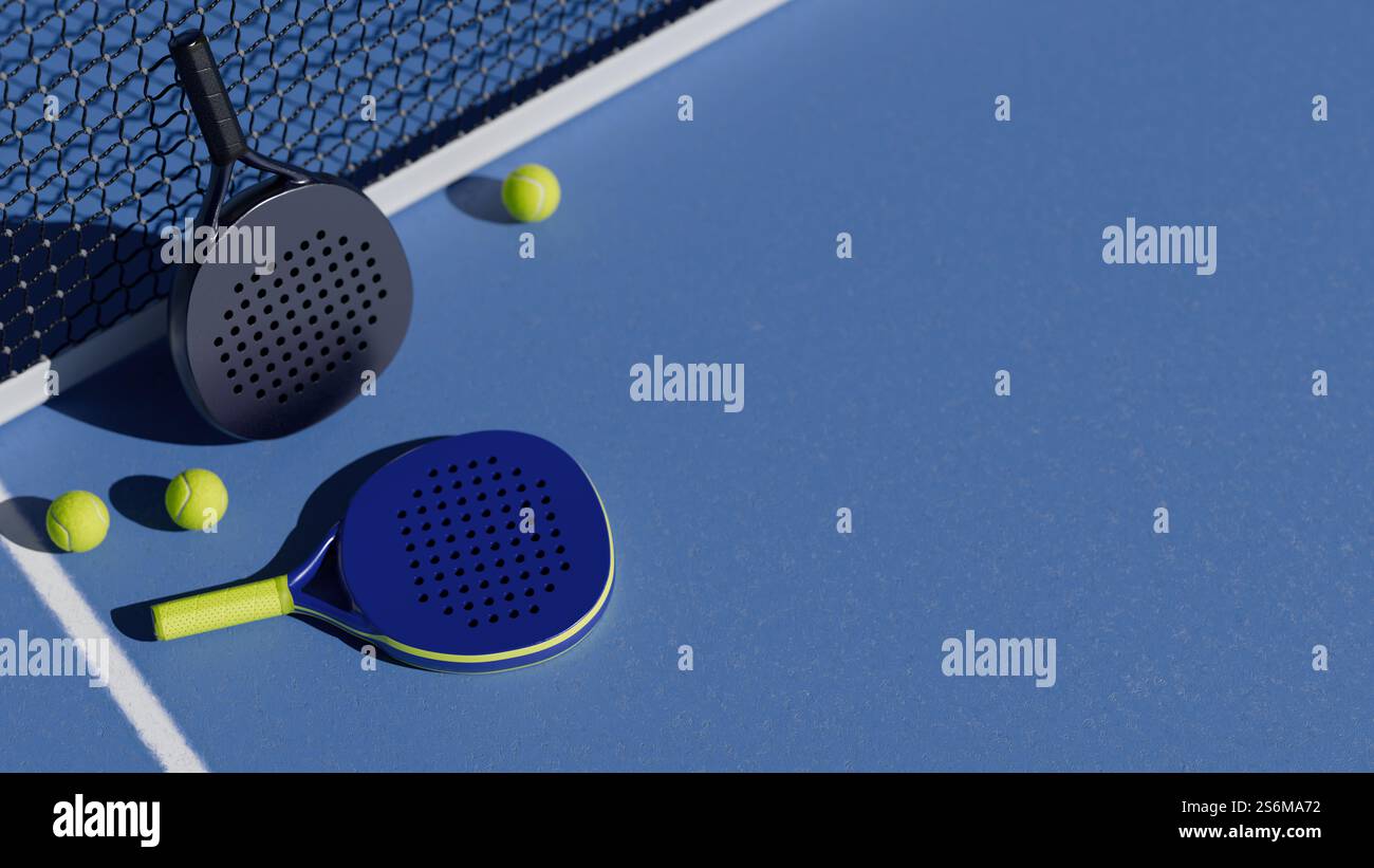 Equipment for a game of paddle tennis on a blue court with balls and ...