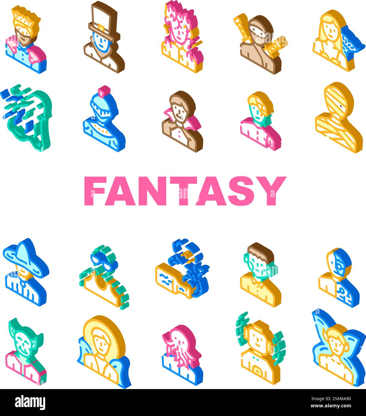 Fantasy And Magical Character Icons Set Vector. Zombie And Ghost, Angel ...