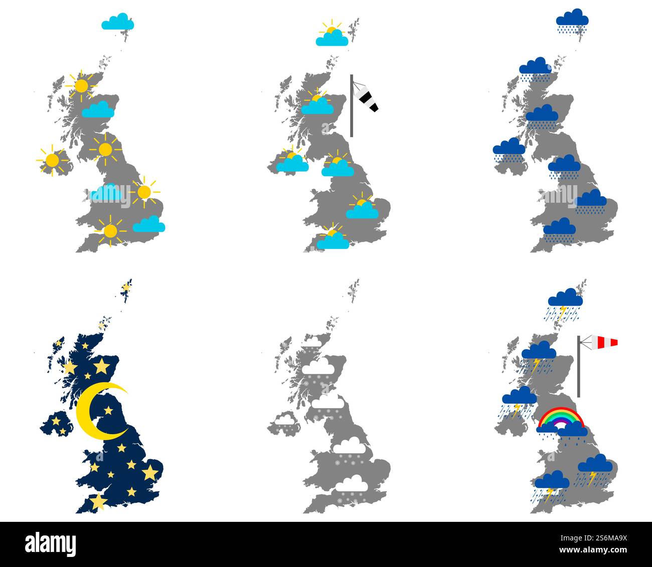 Maps of Great Britain with different weather symbols Stock Photo - Alamy