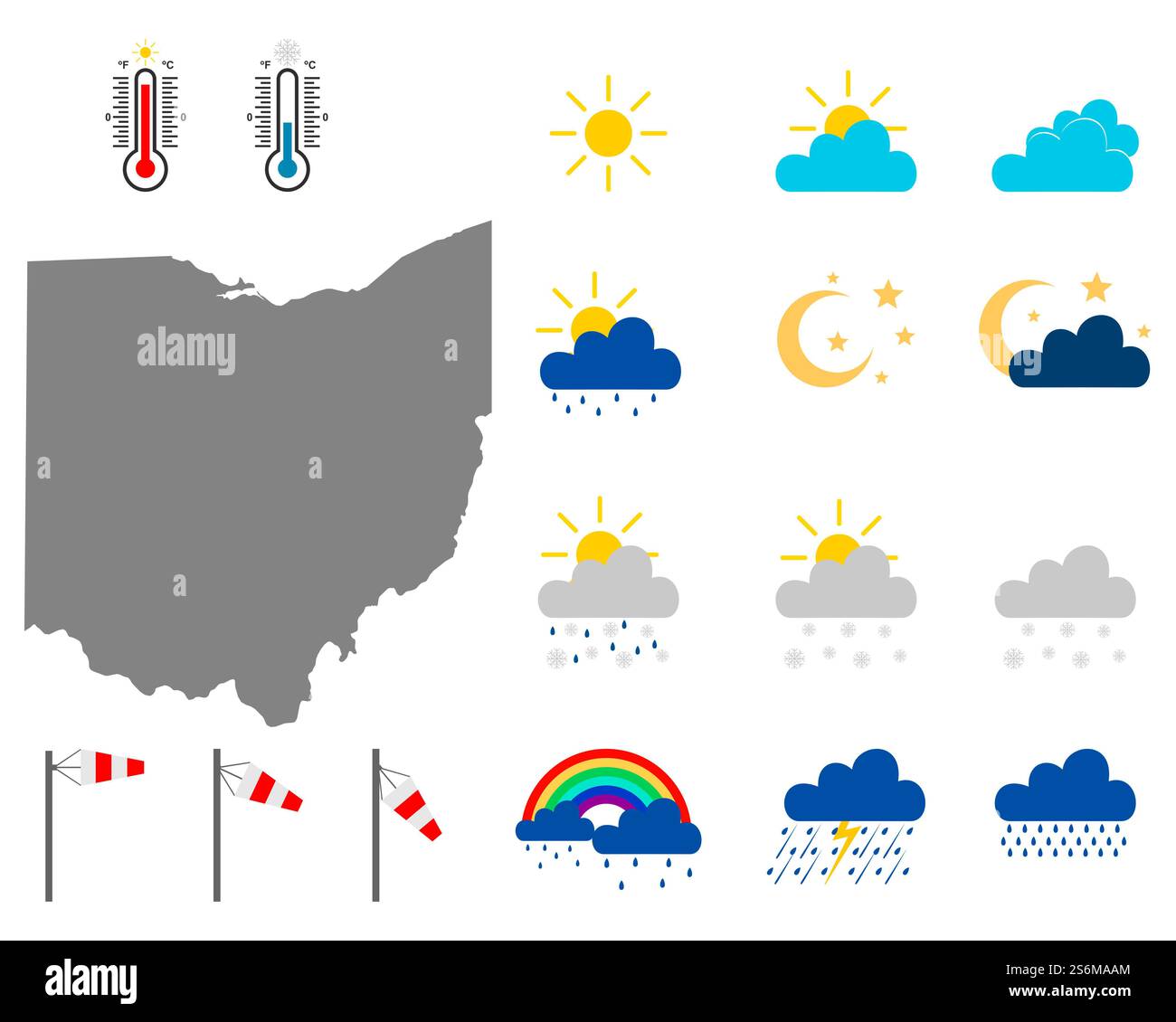 Map of Ohio with weather symbols Stock Photo - Alamy