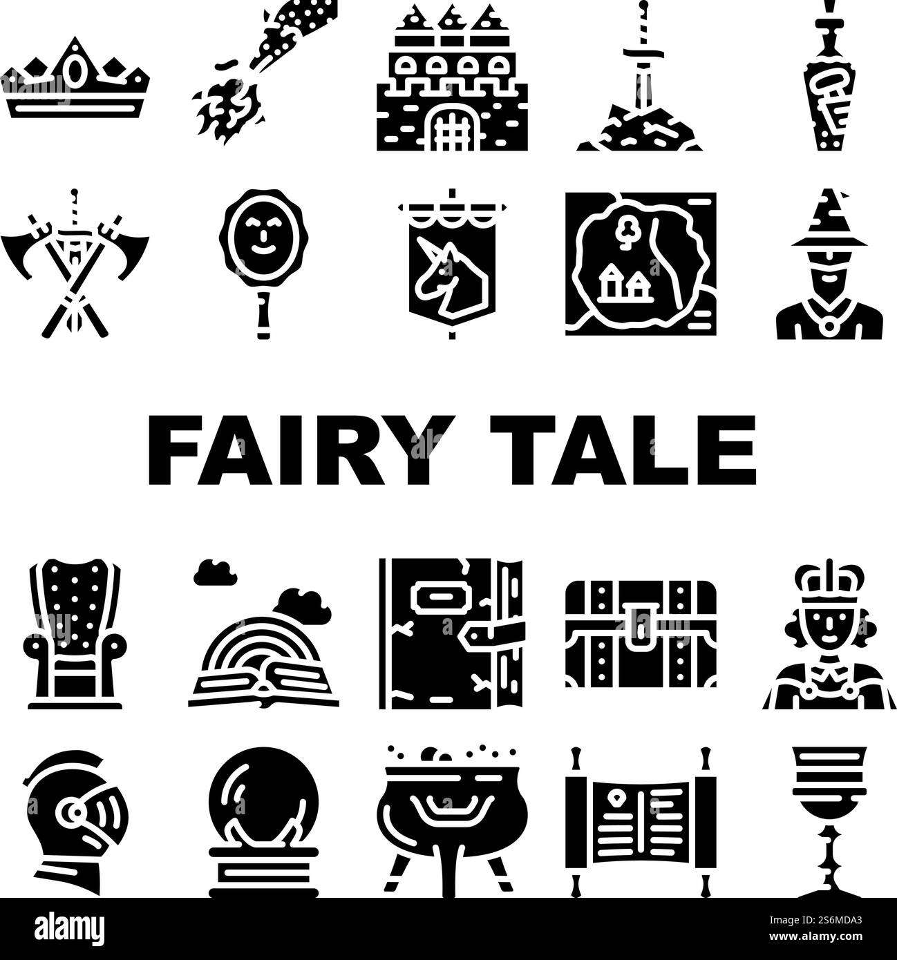 Fairy Tale Story Medieval Book Icons Set Vector. Castle And Knight ...