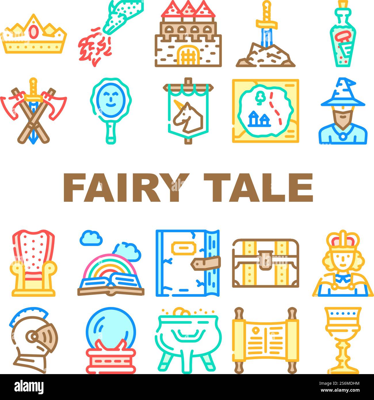 Fairy Tale Story Medieval Book Icons Set Vector. Castle And Knight ...