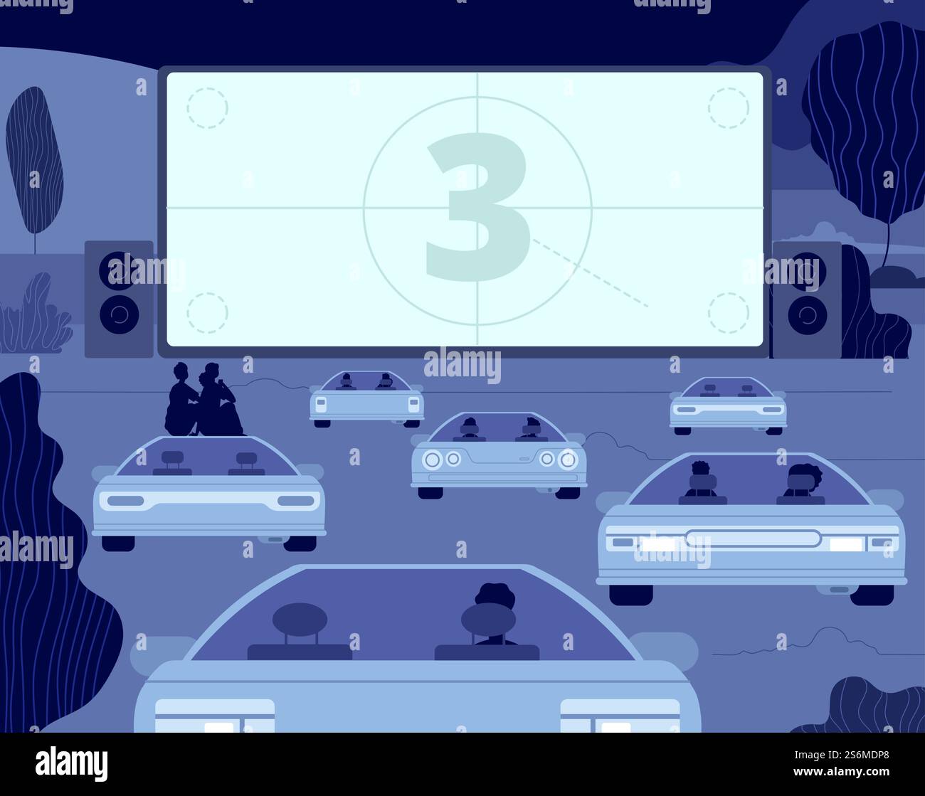 Car cinema. Large kino theater, outside drive movie scene. Audience in ...