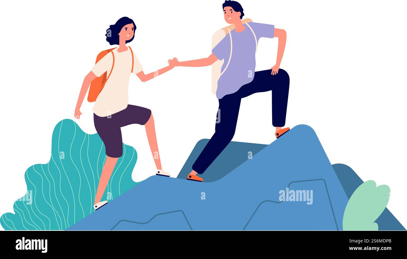 Travellers climb mountain. Cartoon tourists, backpackers vacations ...