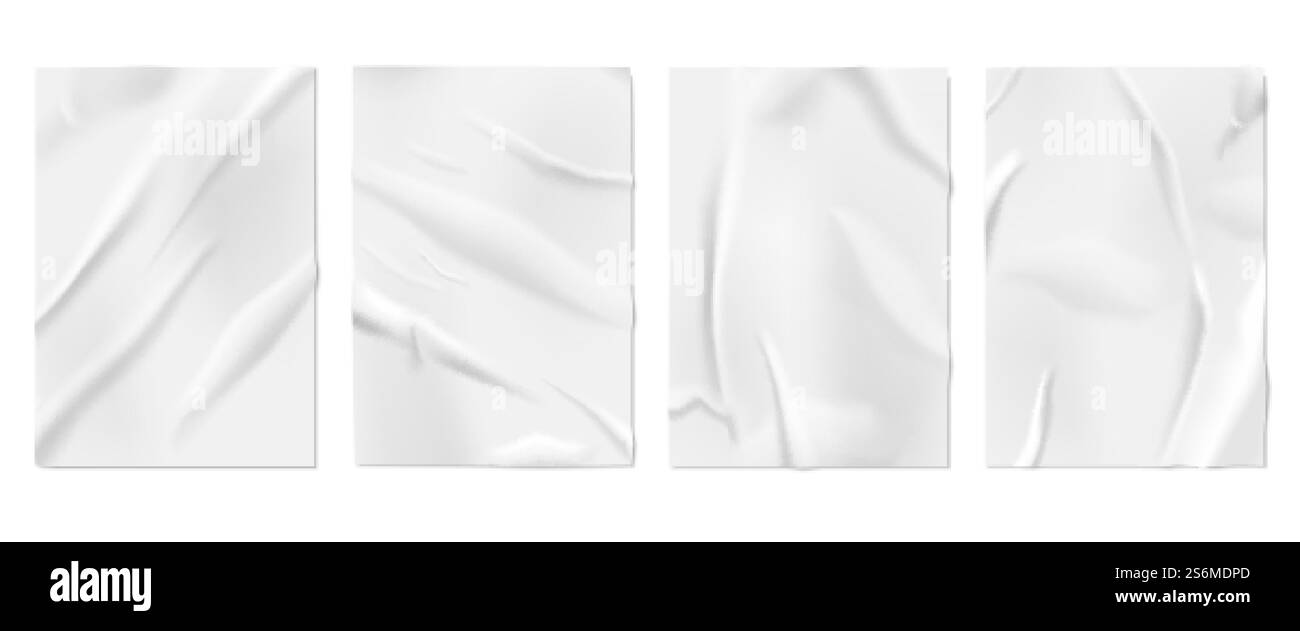 Glued paper. Wall posters, blank wrinkled surface mockup. White ripped ...