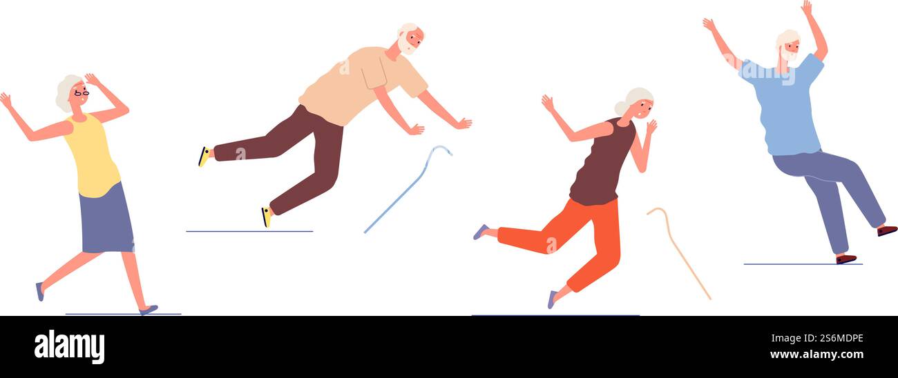 Falling elderly people. Old woman man stumble and slip. Dangerous ...
