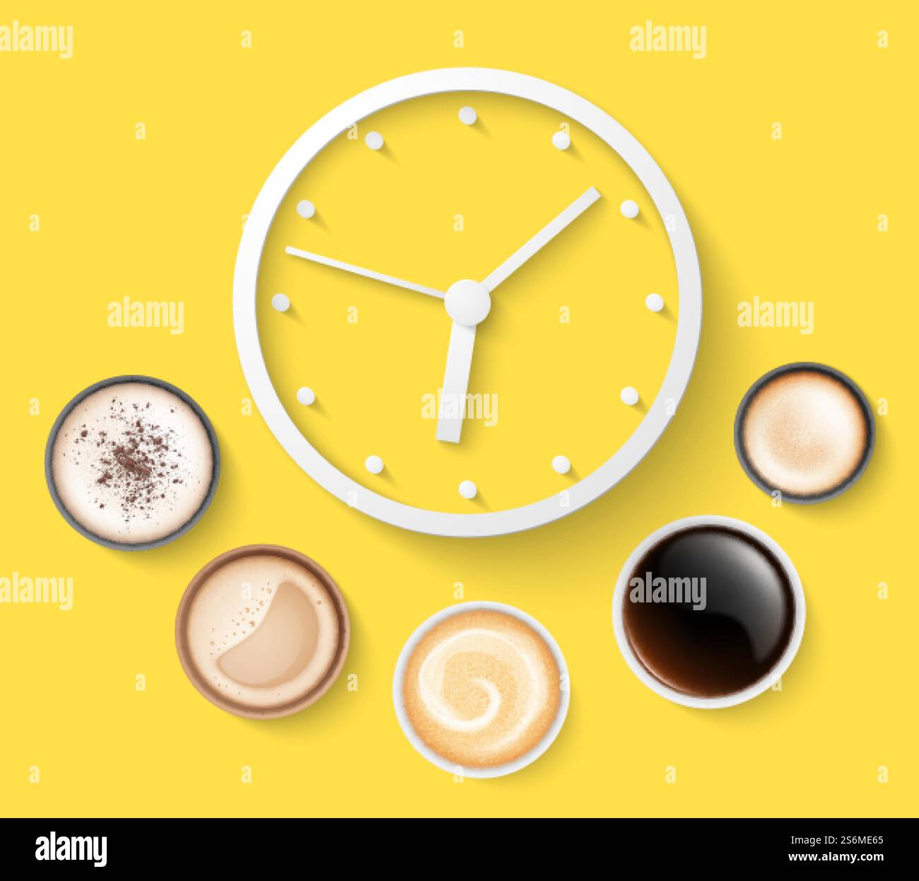 Morning coffee. Alarm clock, top view energy drink cups. Espresso ...