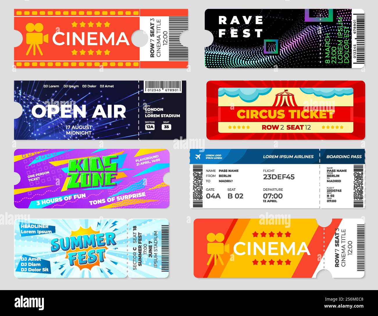 Entertainment tickets. Concert cinema event flyers, circus fest invitation cards template ...