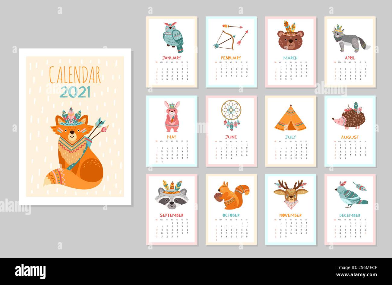 Cute animal calendar 2021. Kid animals, forest tribal wildlife posters ...