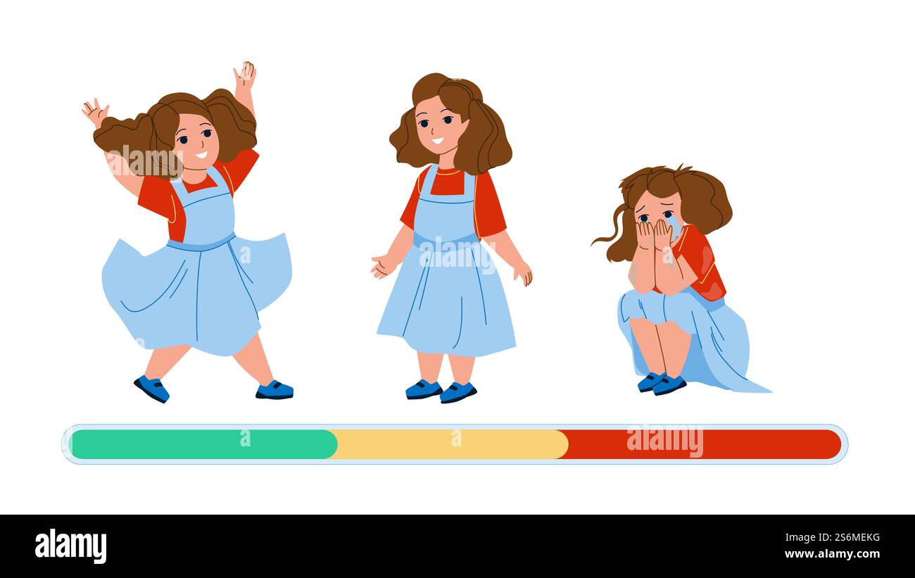 Girl Kid Mood Laughing, Smiling And Unhappy Vector. Small Girl Kid Mood ...