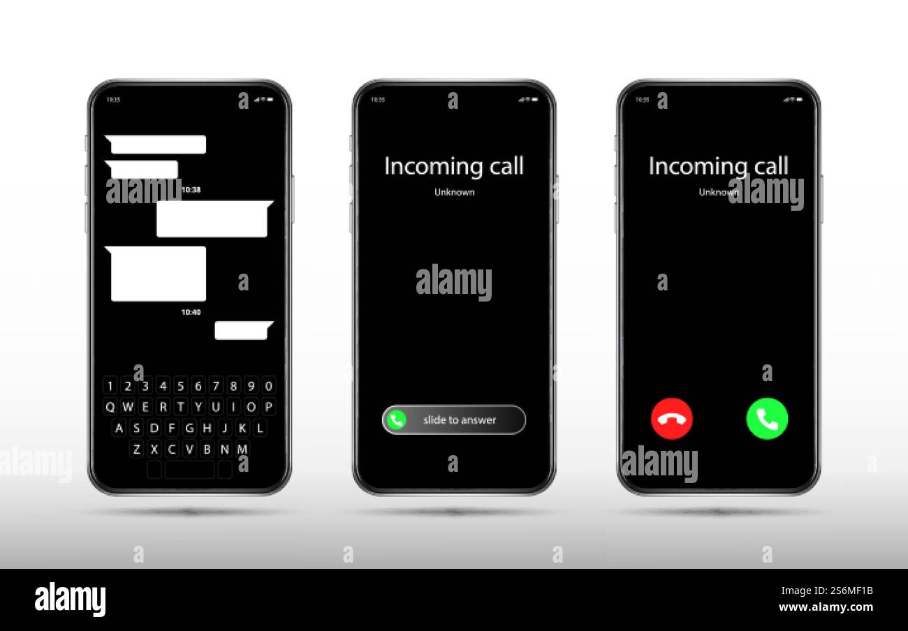 Phone call and chat screen. Realistic smartphone mockup, incoming call. Accept decline button ...