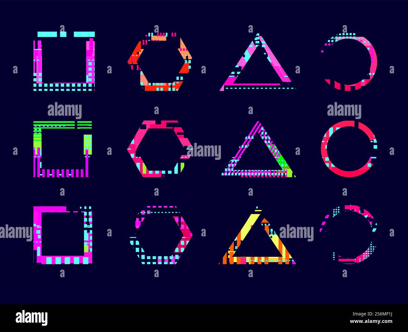 Glitch effect frame. Abstract modern design, neon broken circle ...