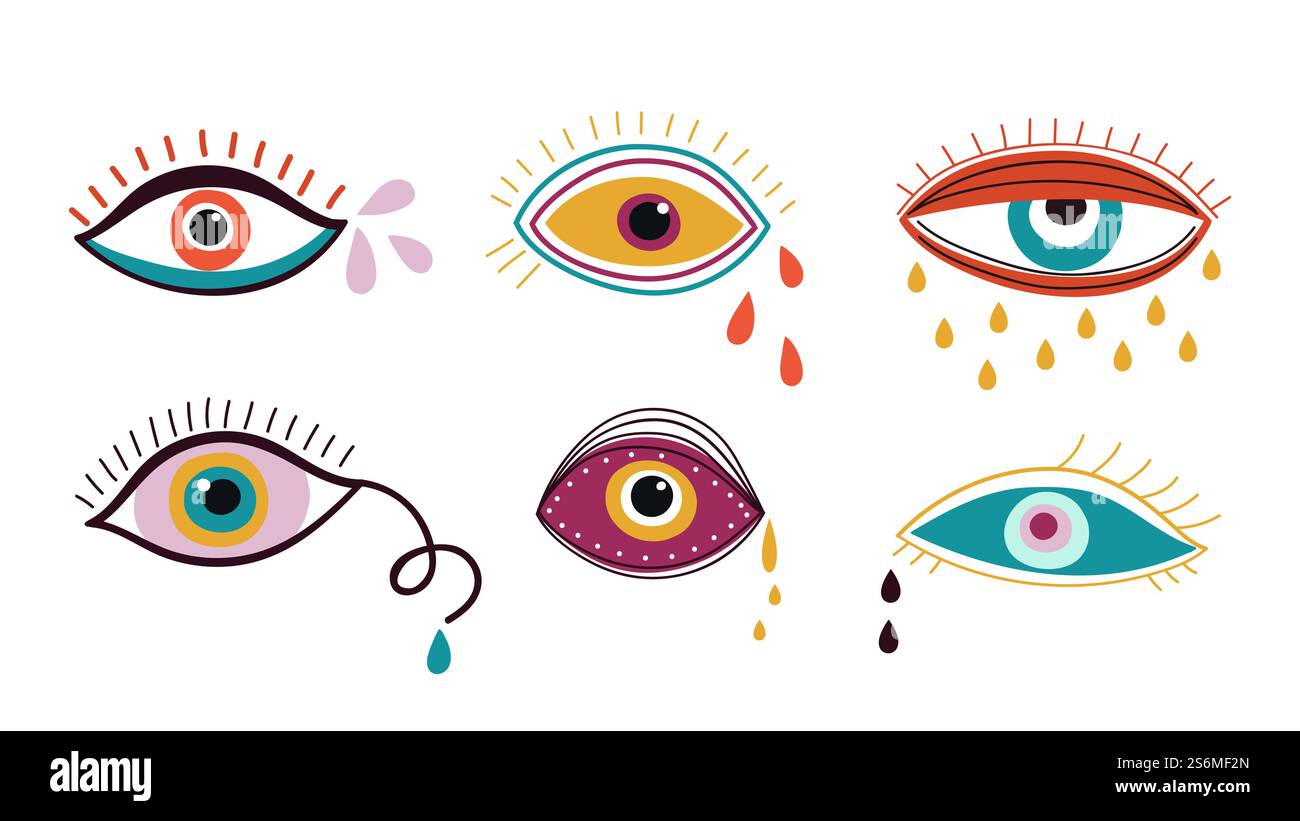 Crying eyes. Abstract eye, drops colorful falling down. Contemporary ...