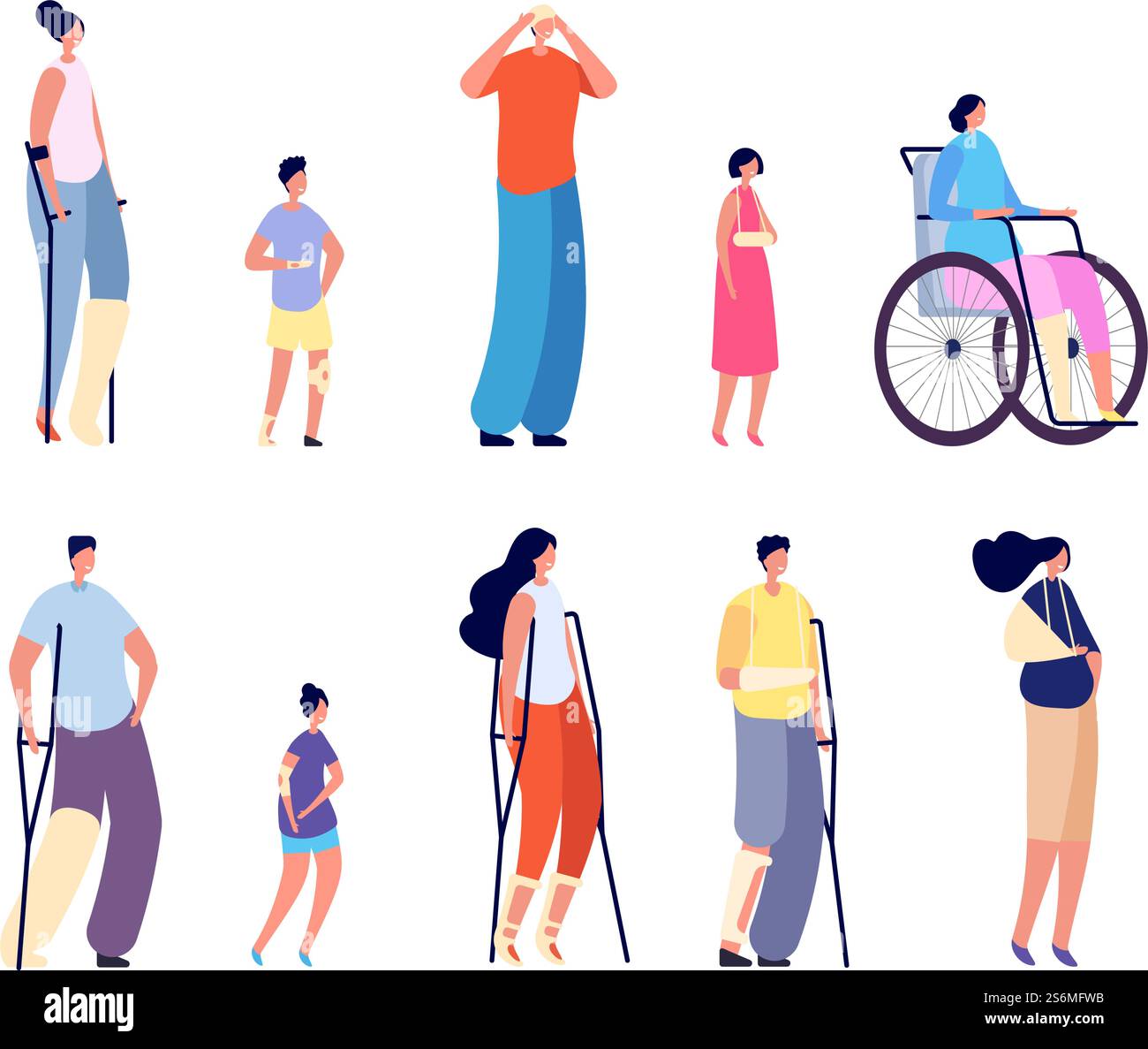 Injury characters. Hospital patients, trauma legs hands head or broken ...