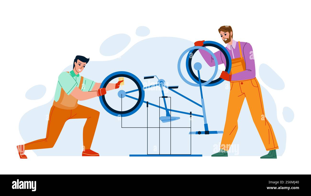 Bicycle Repair Service Men Workers Fixing Vector. Young Guys Examining ...
