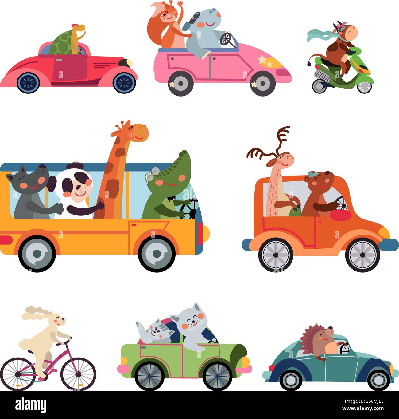 Animal transport. Fun cartoon car, drivers traveling. Funny bear ...