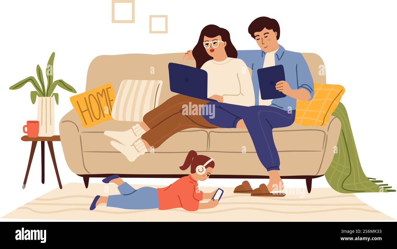 Family using gadgets. Home internet, child parents with tablet laptop ...