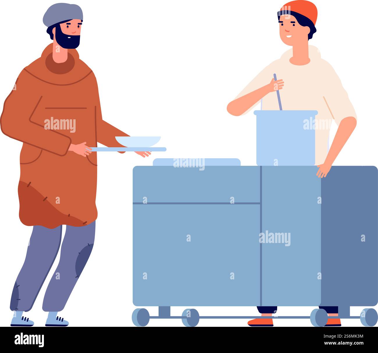 Food for homeless. Volunteering, people helping poor man. Hot lunch for ...