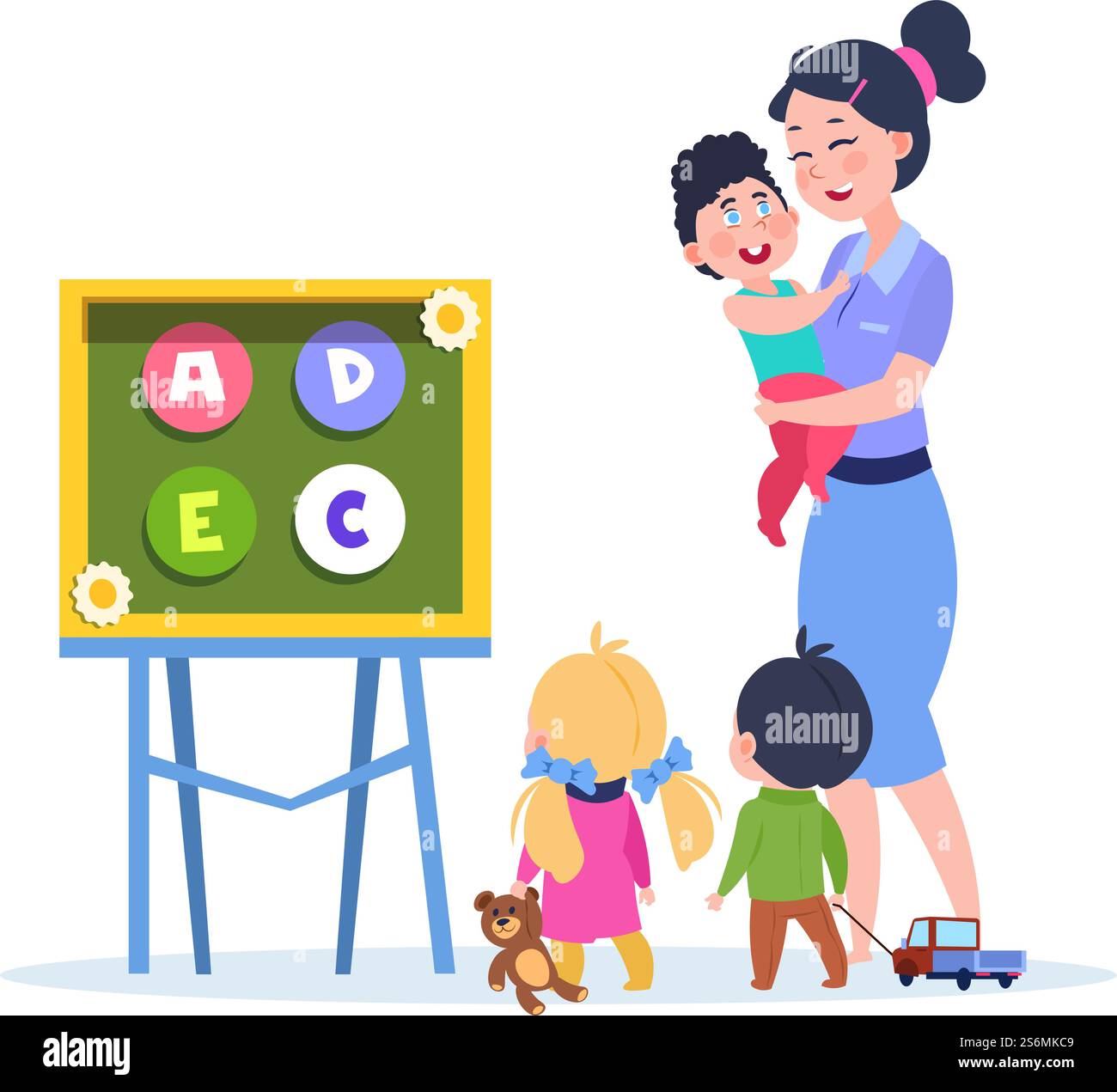 Kids study letters. Little babies in kindergarten with cute teacher ...