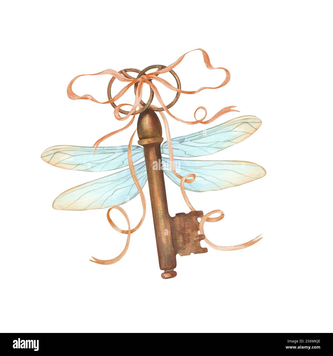 Fantasy vintage key with delicate dragonfly wings and tied with satin ...