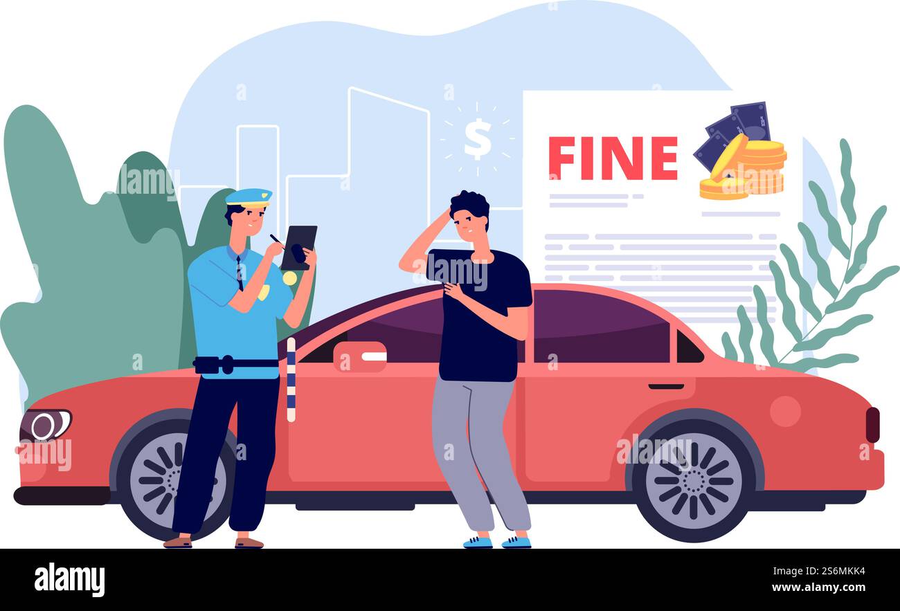 Man and police officer. Policeman writes out fine, traffic violations ...