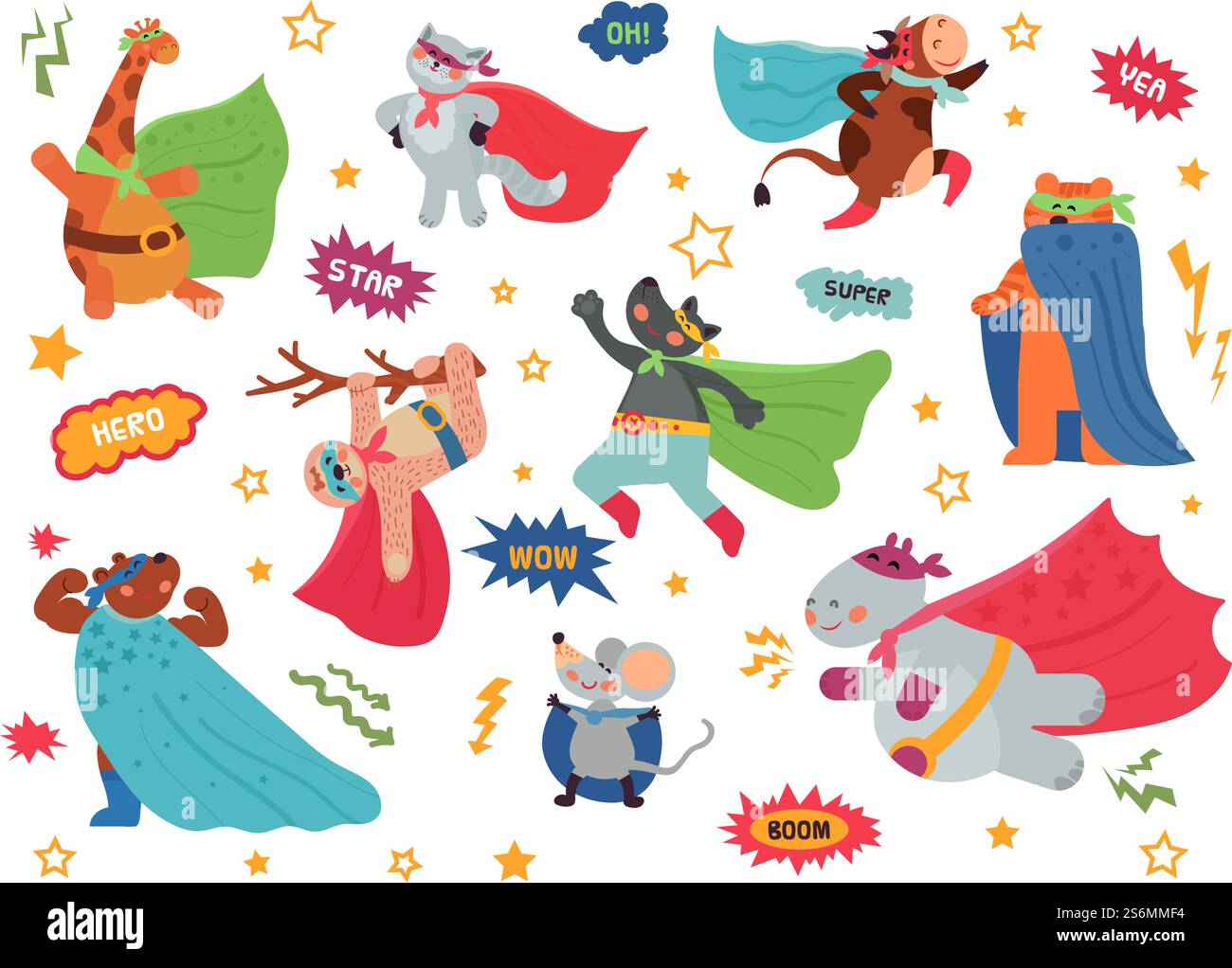 Animal superhero. Cartoon child animals, hero costume on cat giraffe ...