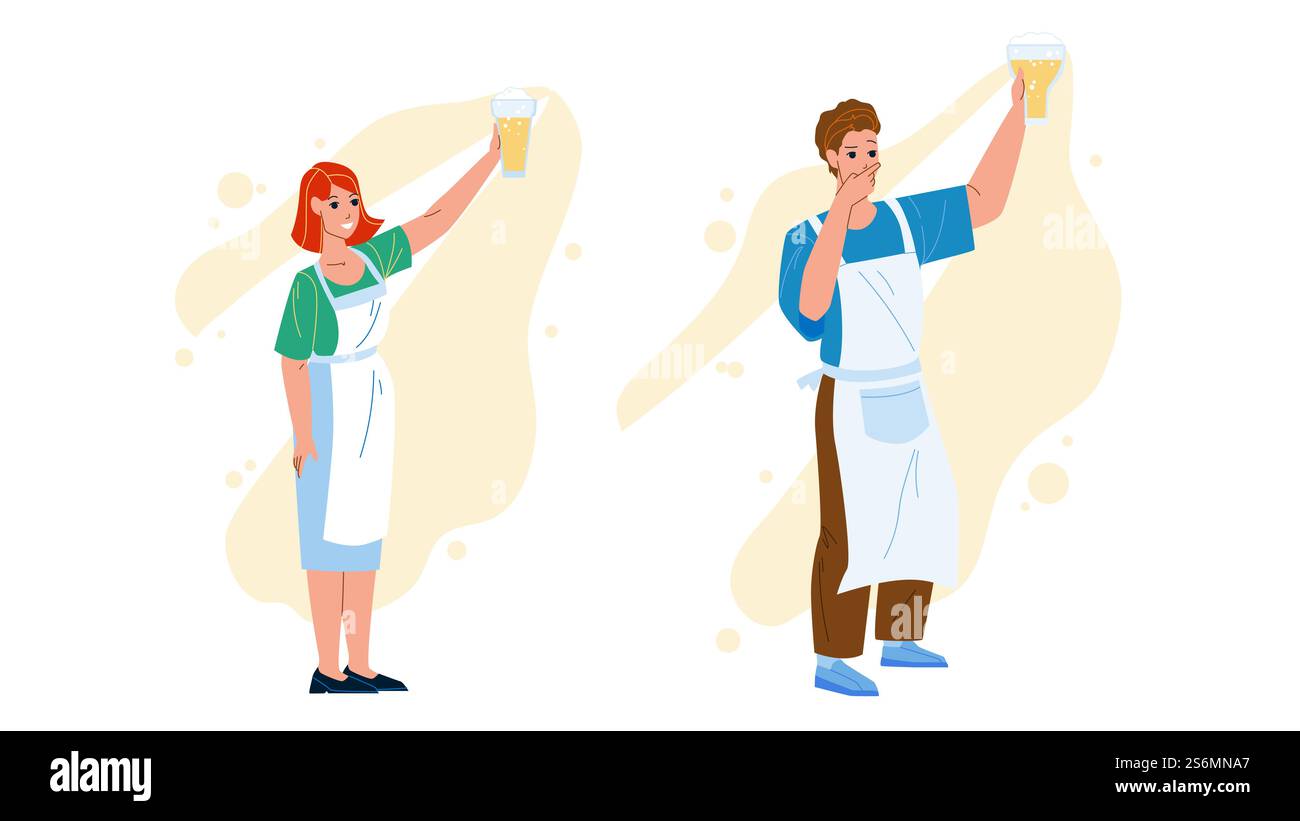 Beer Brewer Workers Look At Freshly Drink Vector. Young Man And Woman ...