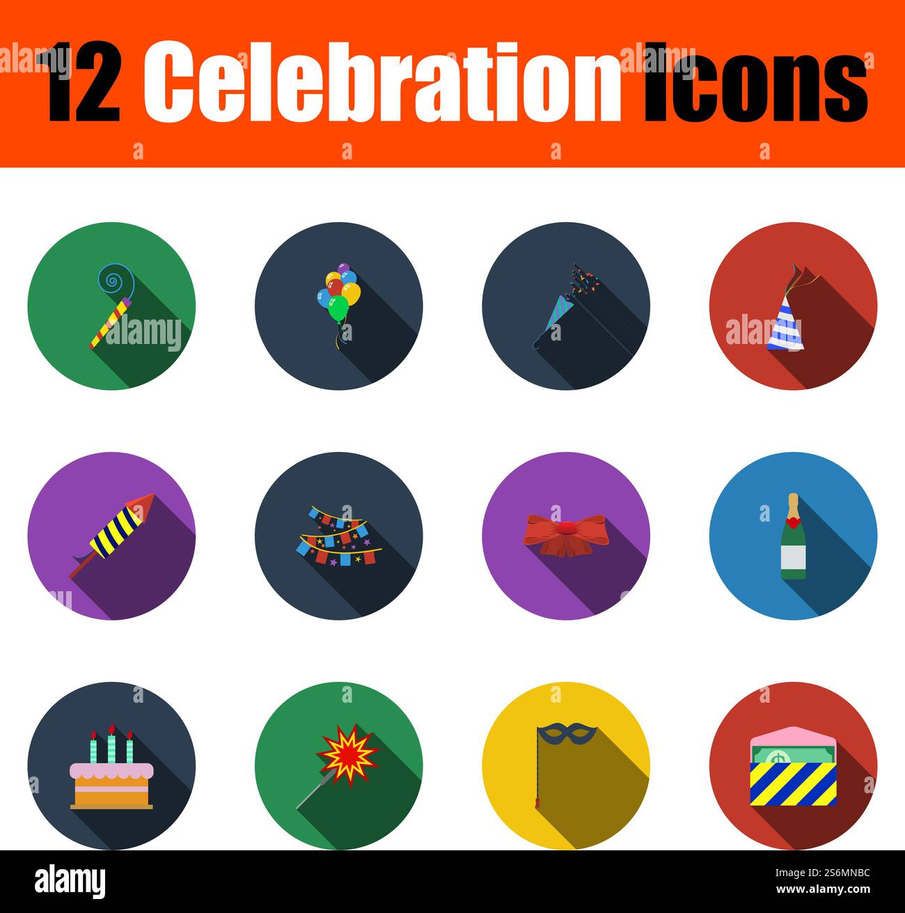 Celebration Icon Set. Flat Design With Long Shadow. Vector illustration ...