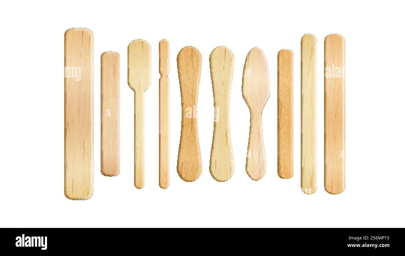 Wooden Stick Popsicle In Different Form Set Vector. Ice Cream Wooden ...