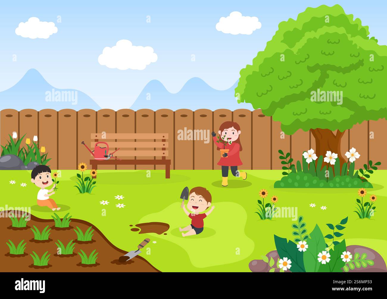 Farm Gardener Background Vector Illustration With A Landscape Of ...