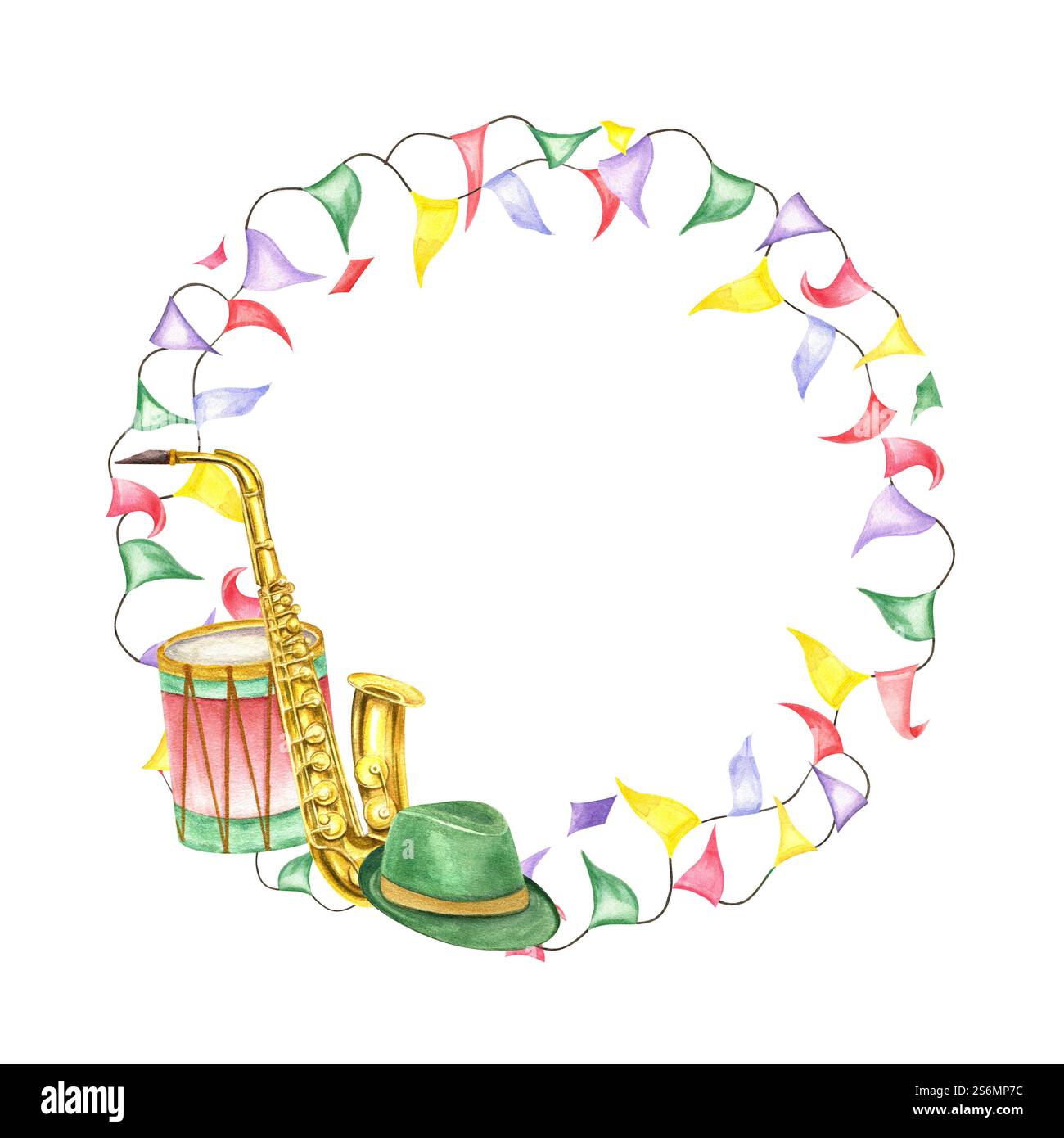 Gold metal saxophone, colored drum, green hat, flag ribbon watercolor ...
