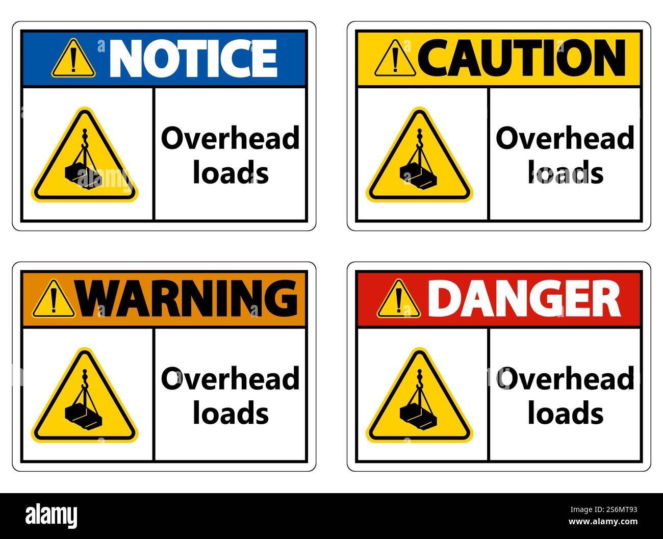 Danger, overhead load text, falling hazard risk caution warning sign ...