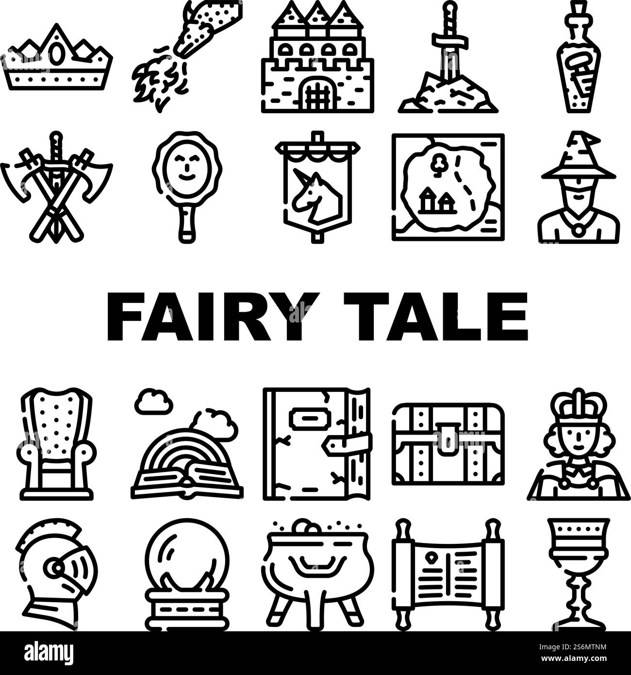 Fairy Tale Story Medieval Book Icons Set Vector. Castle And Knight ...