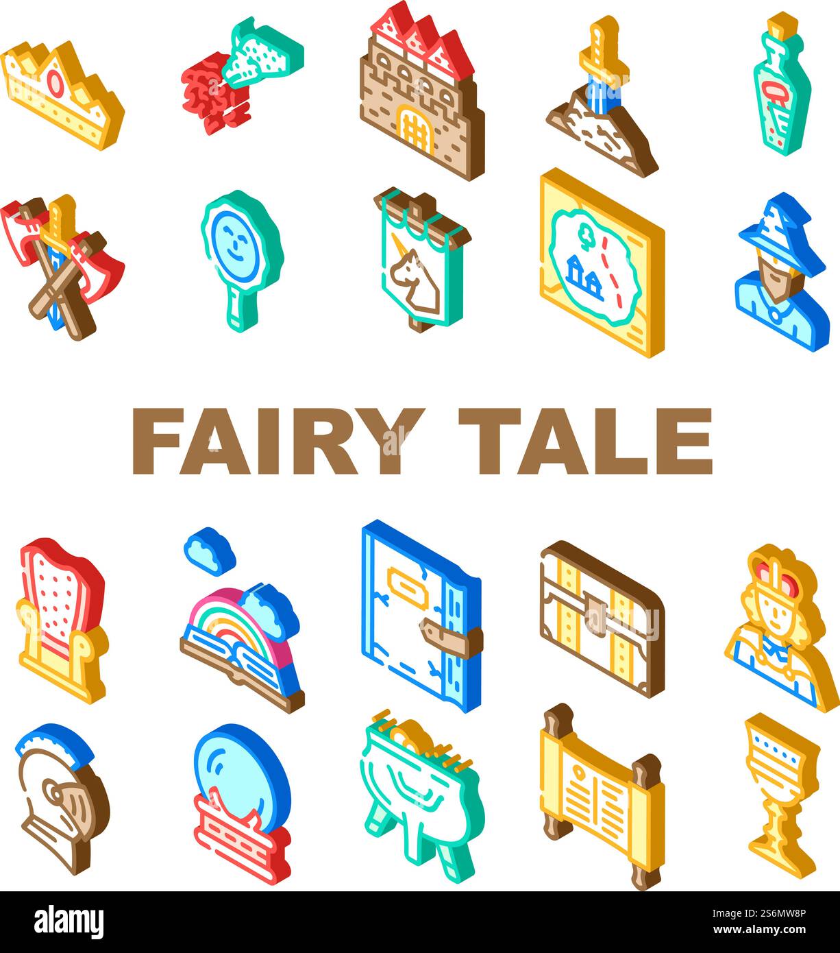 Fairy Tale Story Medieval Book Icons Set Vector. Castle And Knight ...