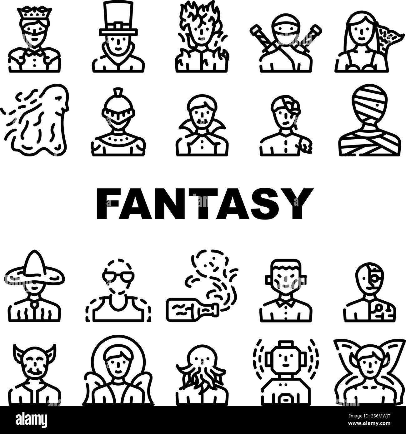 Fantasy And Magical Character Icons Set Vector. Zombie And Ghost, Angel ...