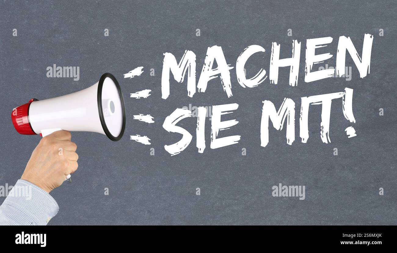 Join in win participate invitation Hand with Megafon Stock Photo - Alamy