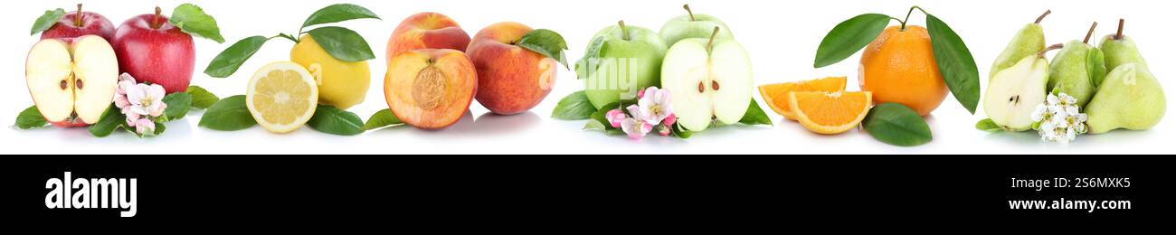 Fruits apple orange lemon peach apples oranges fresh fruit in a row ...