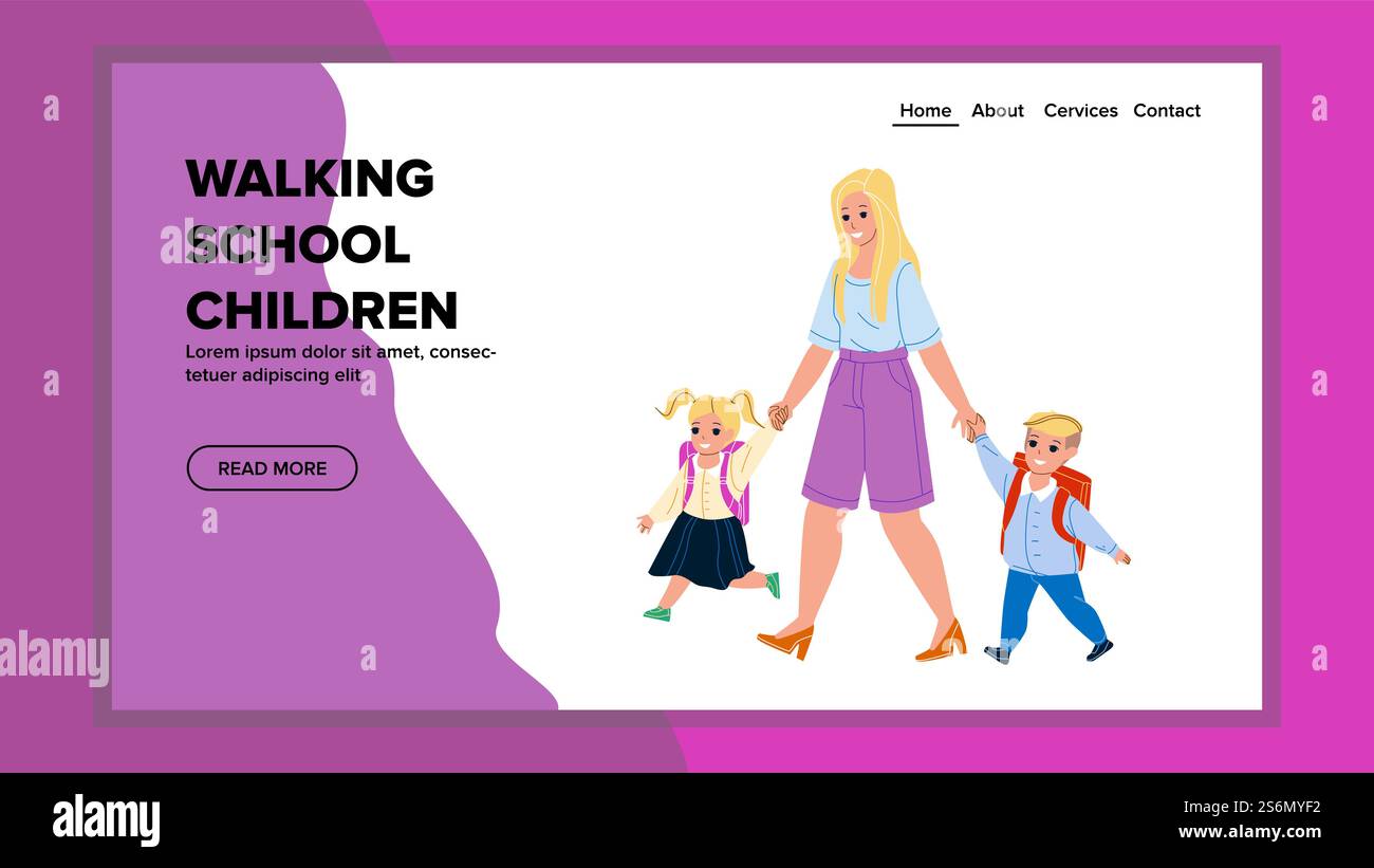 Children Walking To School With Mother Vector. Boy And Girl Children ...