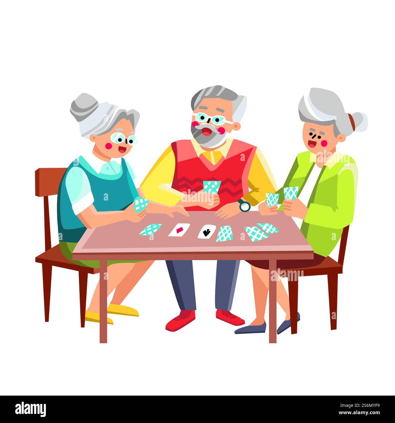 Older People Playing Cards Game Together Vector. Man And Women Friends Pensioners Sitting At ...