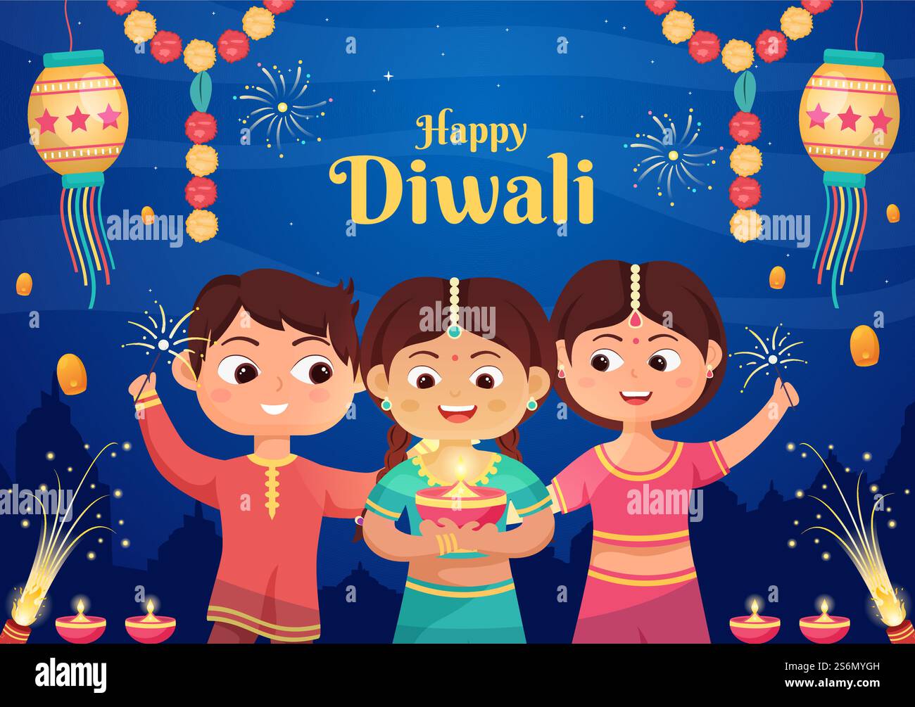 Cute Indian Kids Celebrating Diwali Day Holding Lanterns, lighting ...