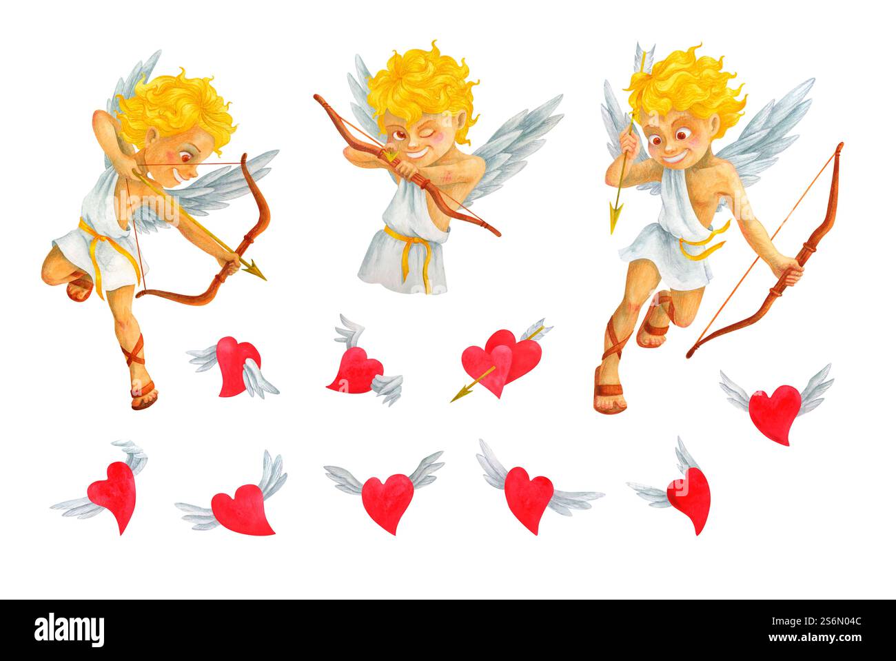 Cherub Cupid angel of love shooting an arrow from bow. Winged hearts ...