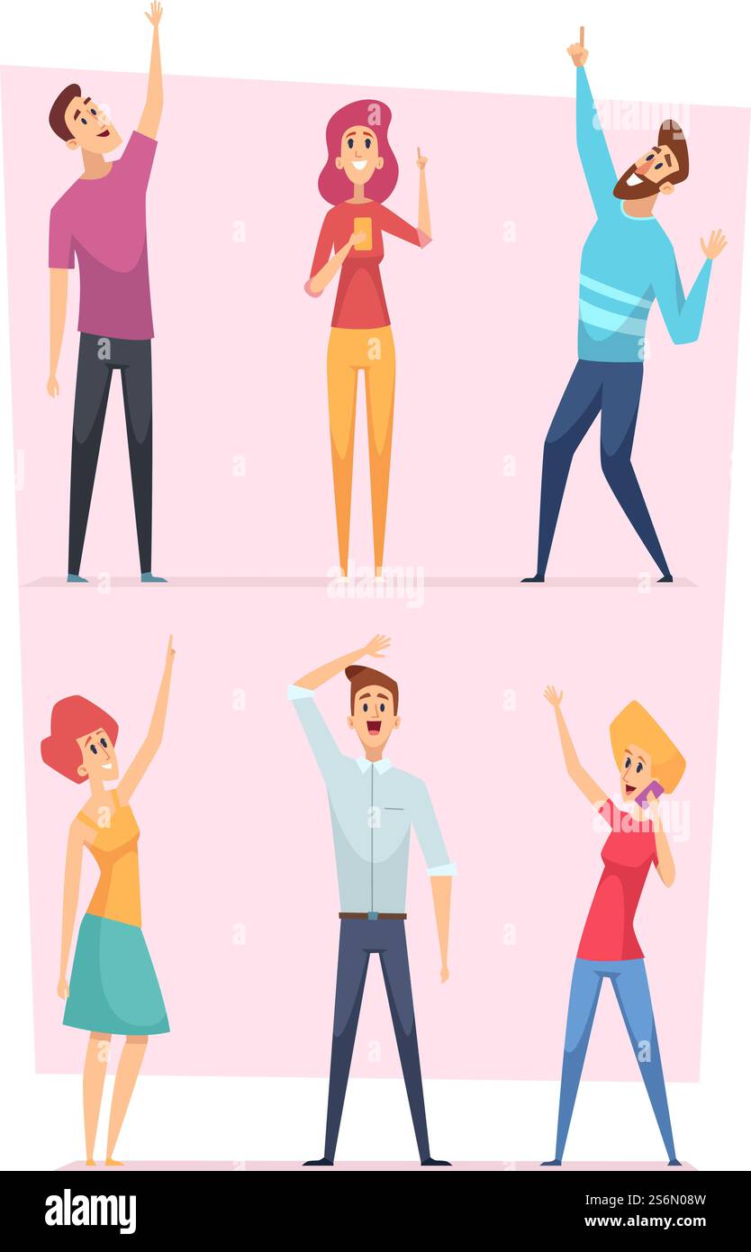 Looking up. People pointing in sky group of happy characters vector ...