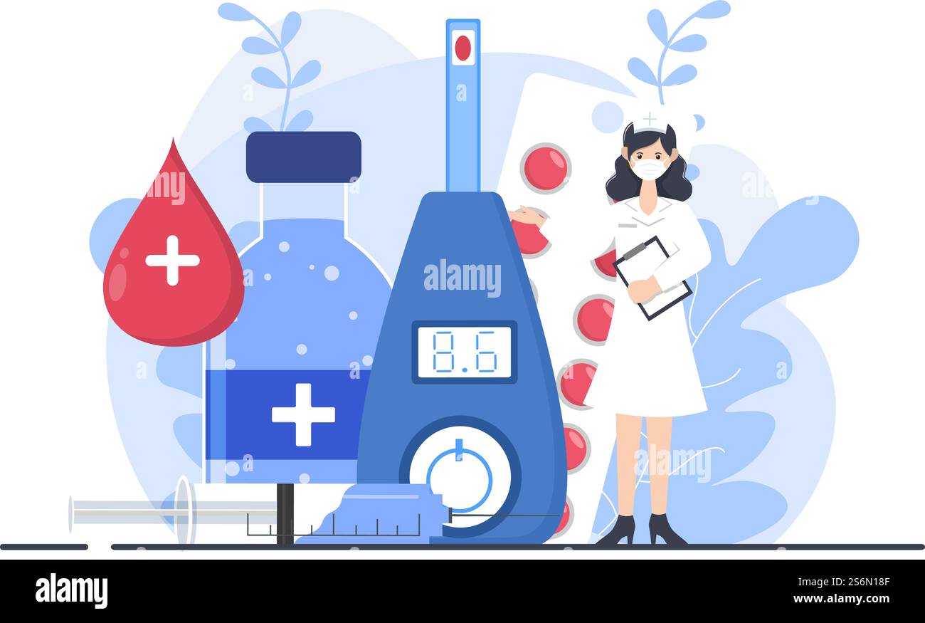 Diabetes Testing with Blood Glucose Meter, Exam Results, Tubes, Syringe ...